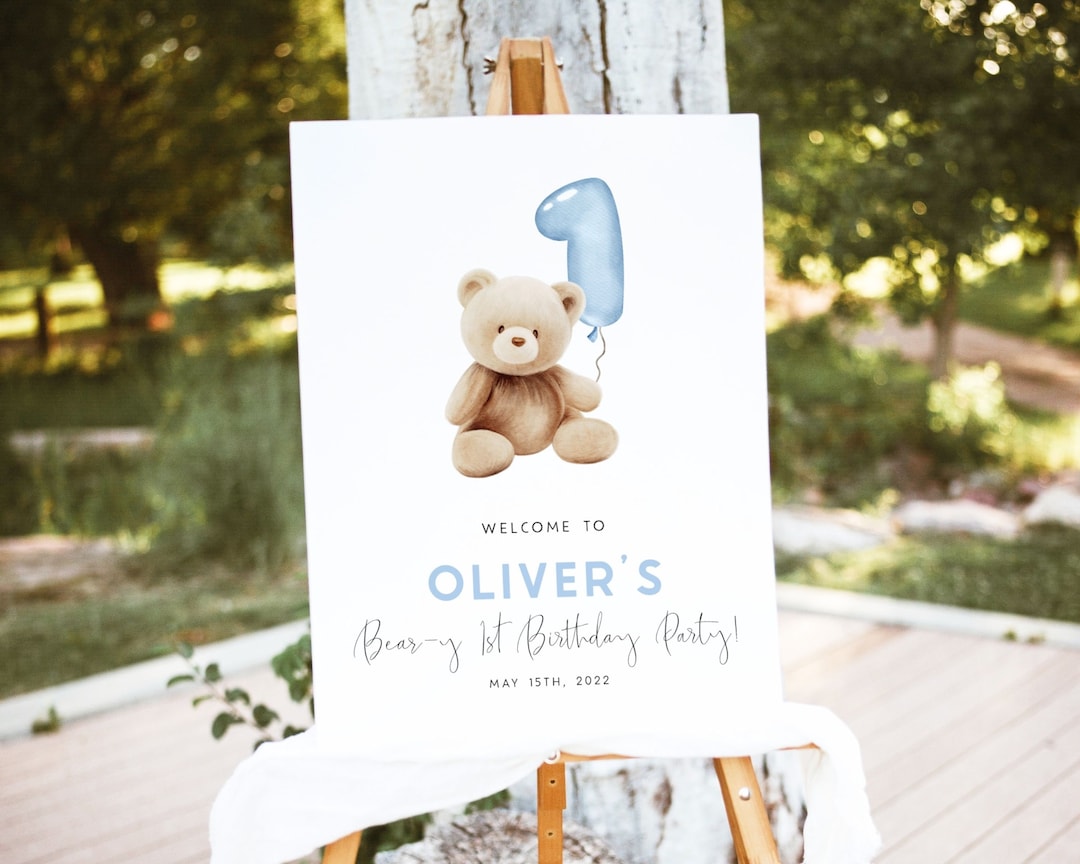 Bear 1st Birthday Welcome Sign Editable Template Beary First Birthday ...