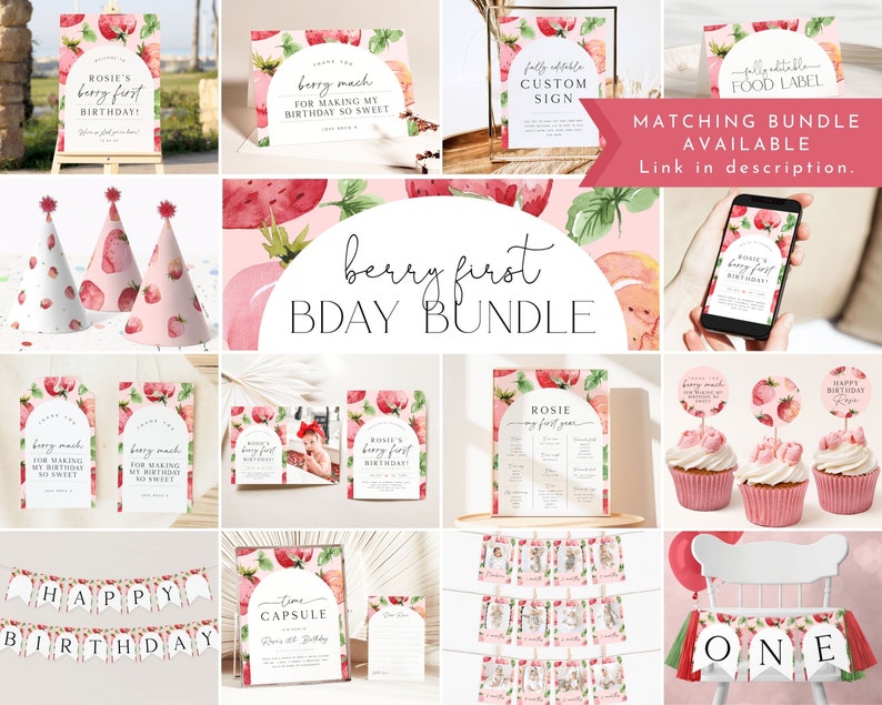 Strawberry Cupcake Toppers Template. Berry First Birthday Girl Berry ...