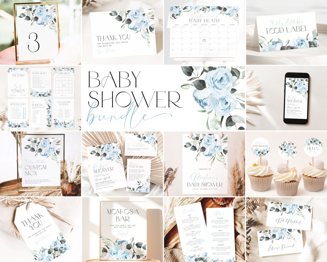 Blue Baby Shower Bundle Boho Blue Floral Baby Shower Invite Bundle Blue ...