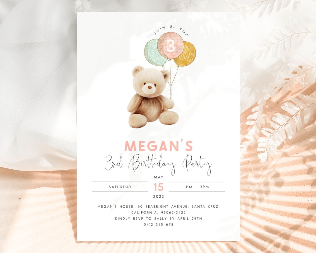 Bear Birthday Invitation Template Editable Beary Third Birthday Invite ...