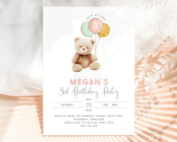 Bear Birthday Invitation Template Editable Beary Third - Etsy