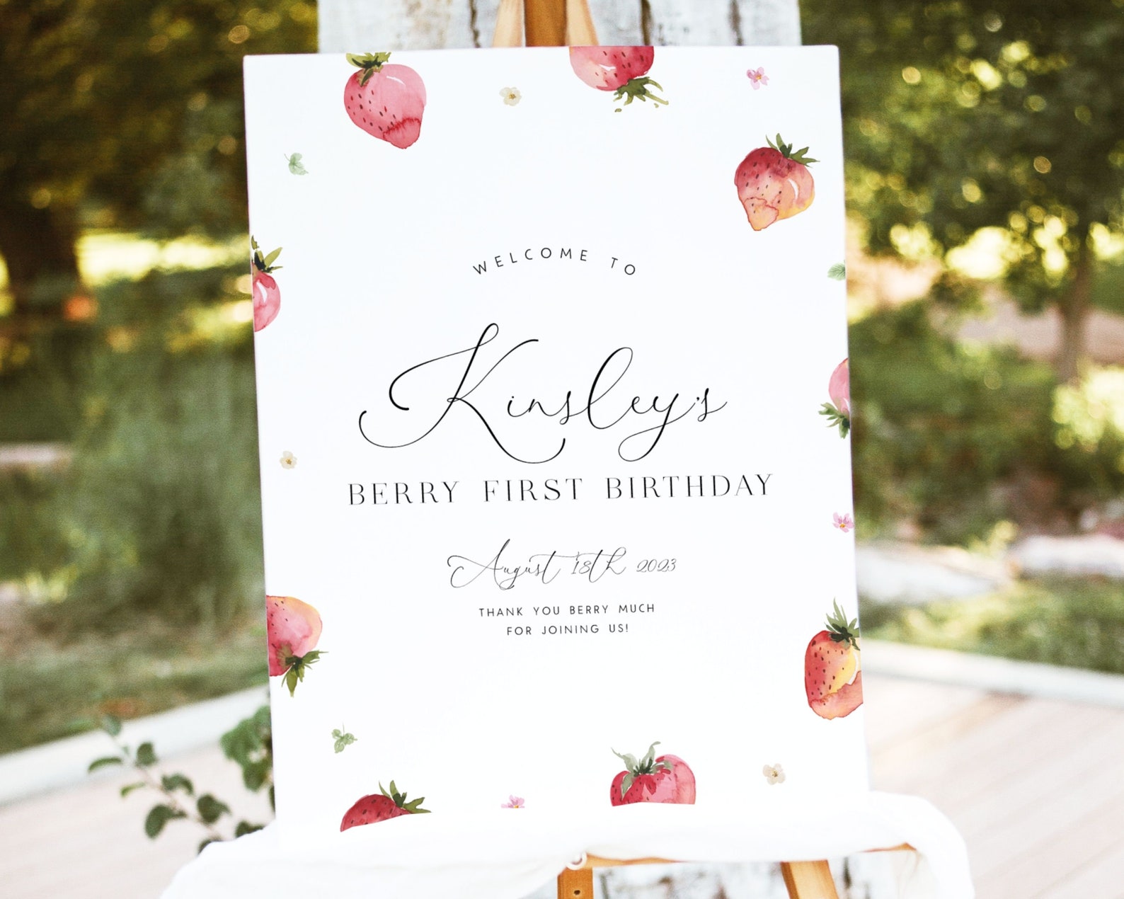 Berry First Birthday Welcome Sign Template. Editable Strawberry Welcome ...
