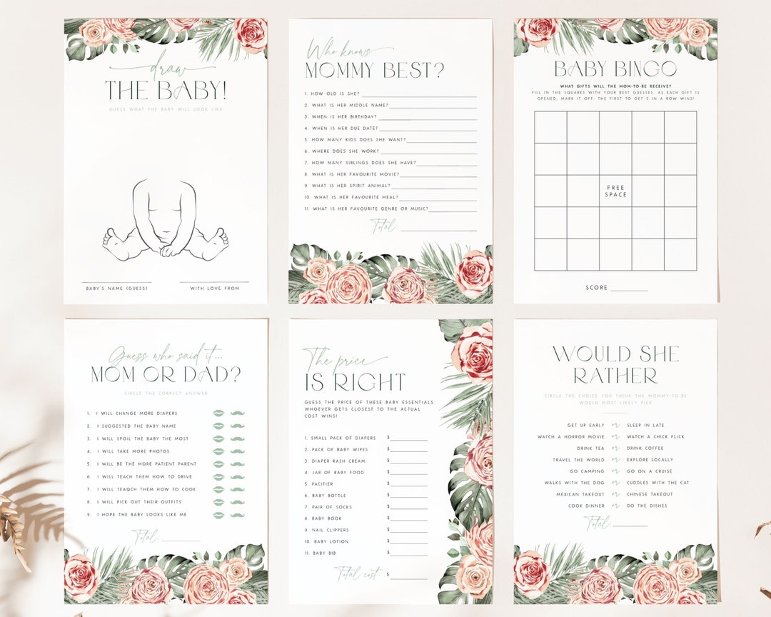 Tropical Baby Shower Games Bundle. Tropical Greenery Baby Shower Games ...