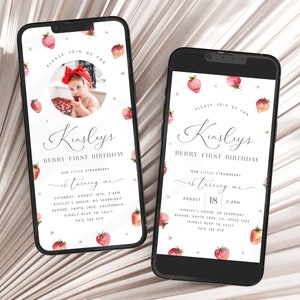 Berry First Birthday Evite With Photo. Strawberry Digital Invitation ...