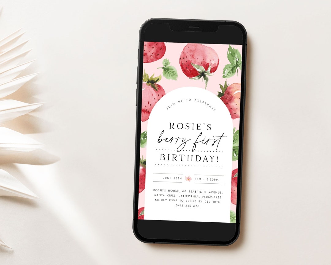 Berry First Birthday Evite Template Strawberry Digital Invitation ...