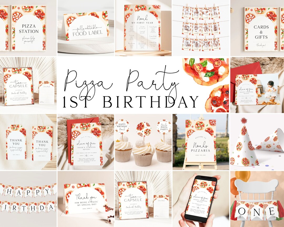 Pizza Party 1st Birthday Bundle Editable Template Pizza Party Bundle ...