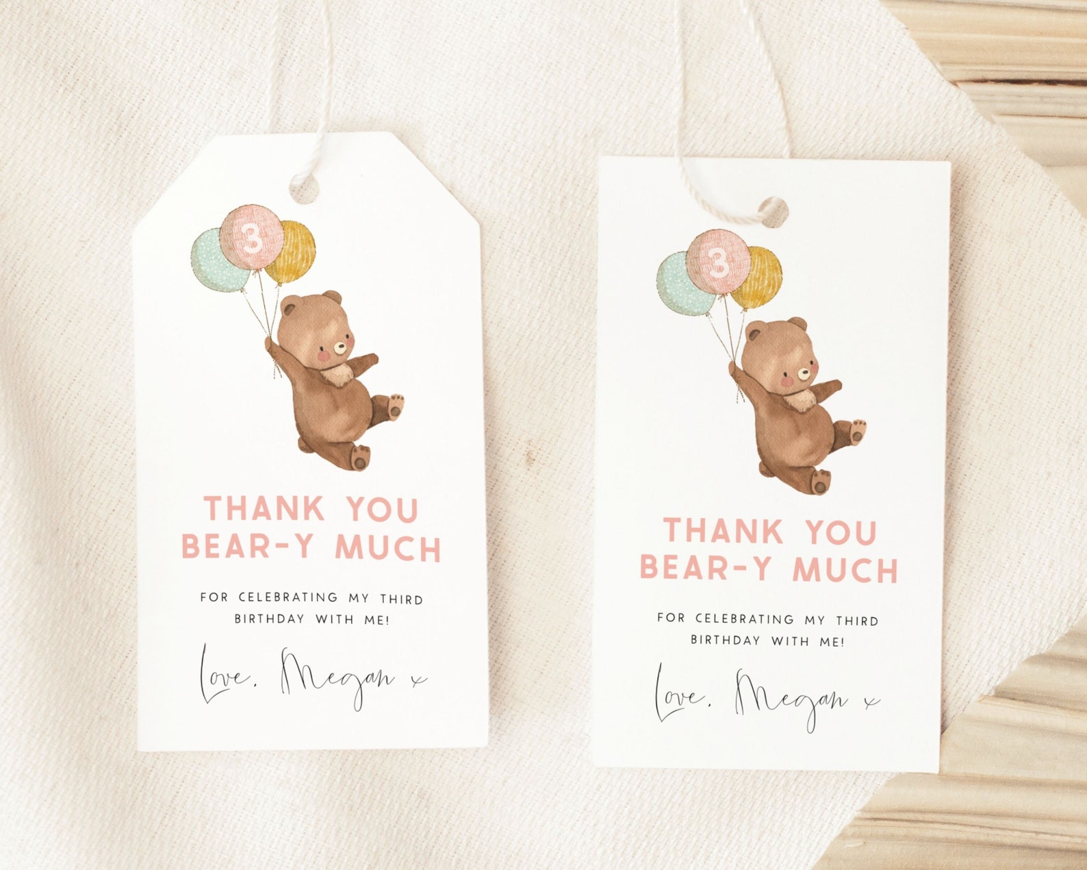 Bear Birthday Thank You Tag Editable Beary 3rd Birthday Thank - Etsy