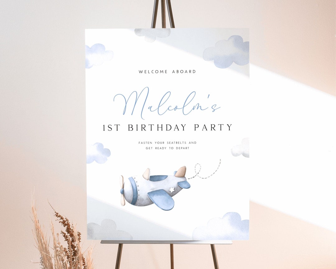 Airplane Birthday Welcome Sign Template Blue Airplane Welcome Sign 1st ...