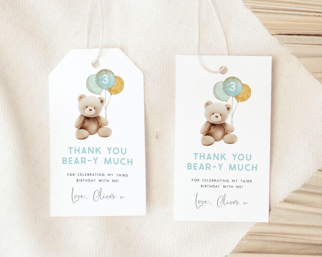 Bear Birthday Thank You Tag. Editable Beary 3rd Birthday Thank You Tag ...