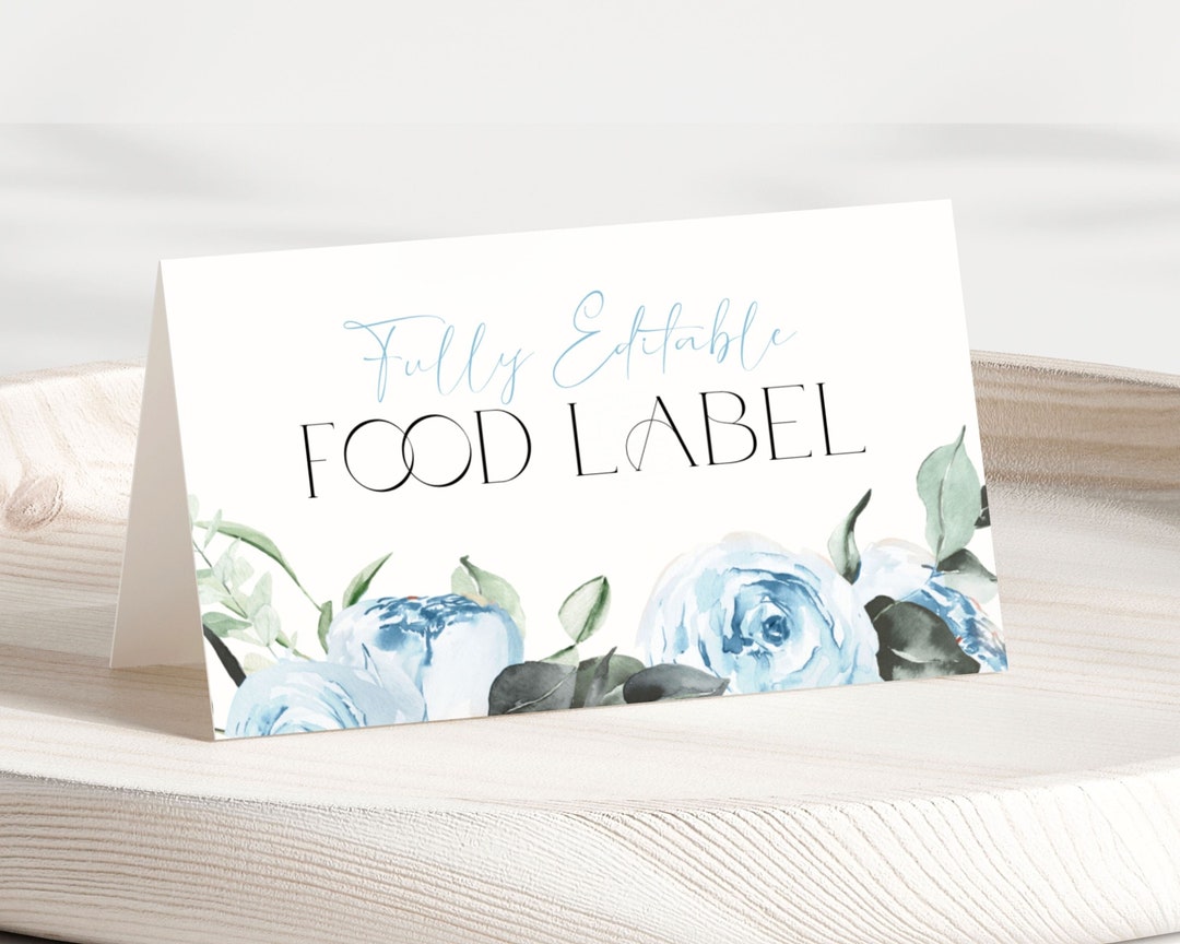 Dusty Blue Baby Shower Food Label Template Blue Floral Baby Shower ...