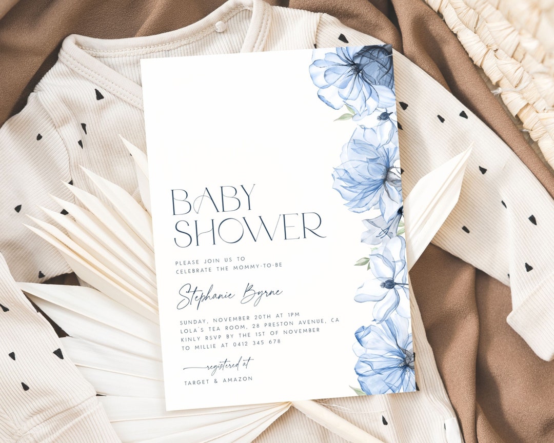 Dusty Blue Baby Shower Invitation Template Blue Floral Baby Shower ...