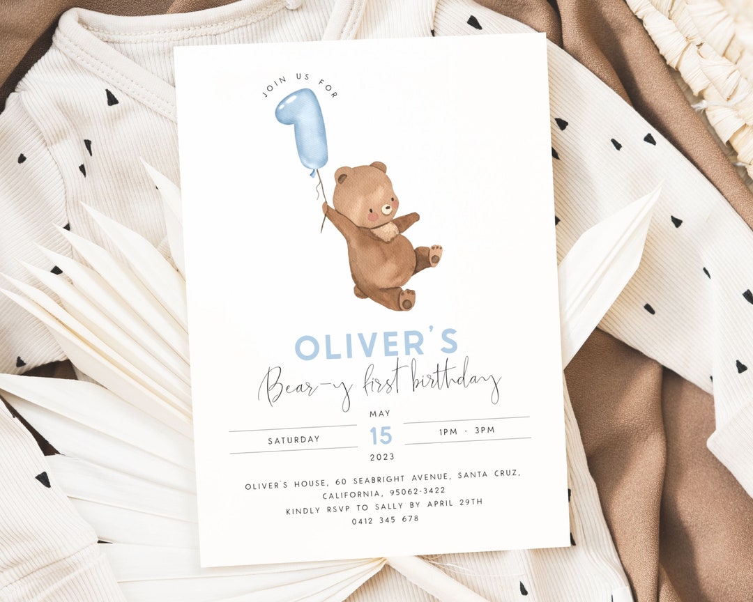 Bear 1st Birthday Invitation Template. Editable Beary First Birthday ...