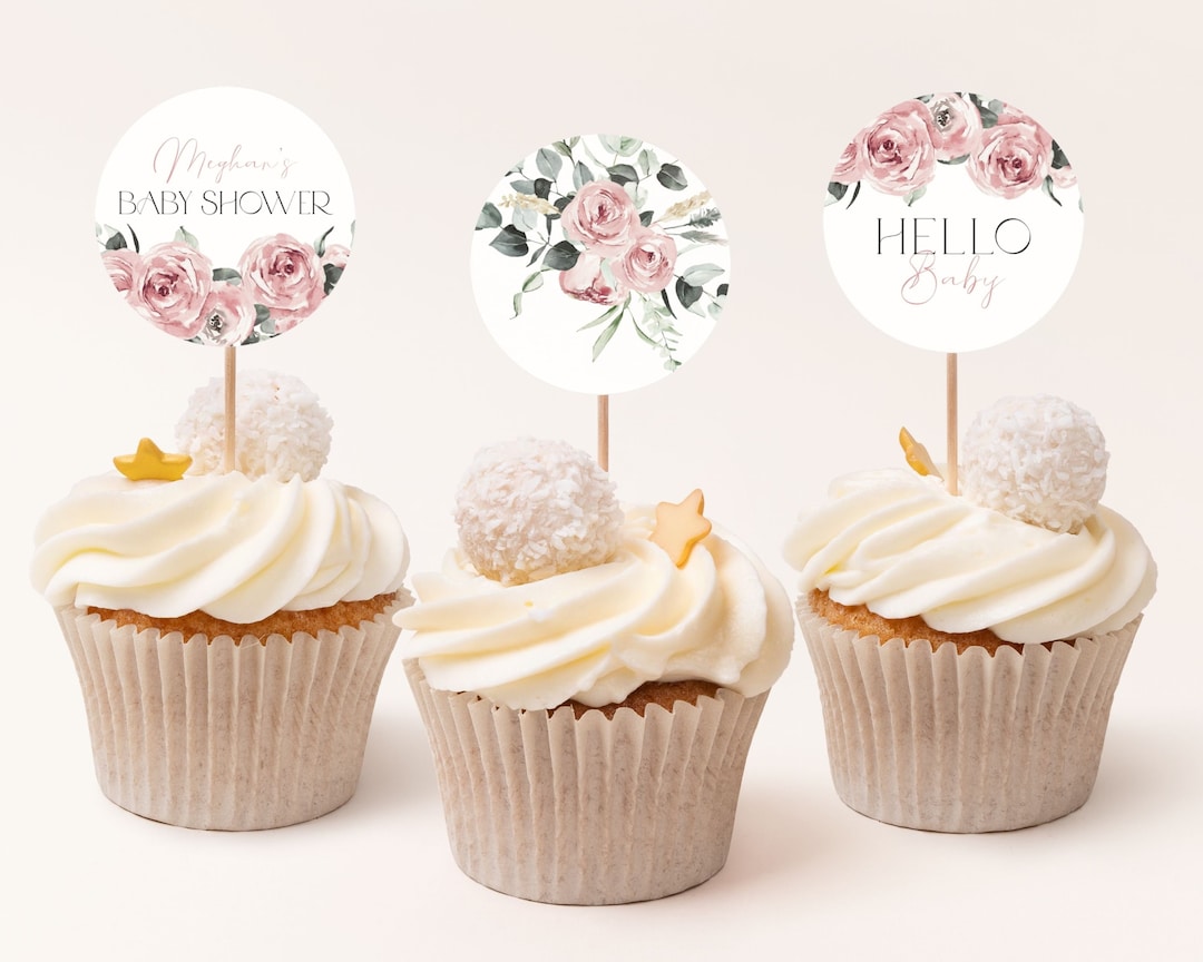 Blush Pink Baby Shower Cupcake Toppers Girl. Pink Floral Baby Shower ...