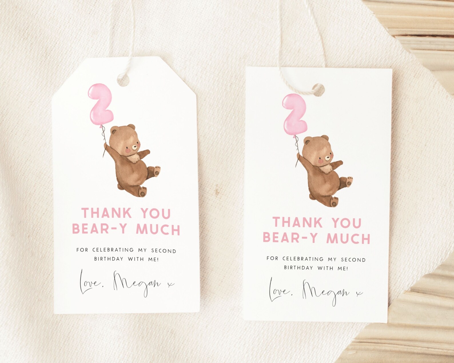 Bear 2nd Birthday Thank You Tag. Editable Beary Second Birthday Thank ...