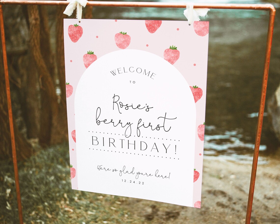 Berry First Birthday Welcome Sign Template. Editable - Etsy