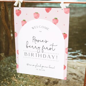 Berry First Birthday Welcome Sign Template. Editable Strawberry Welcome ...