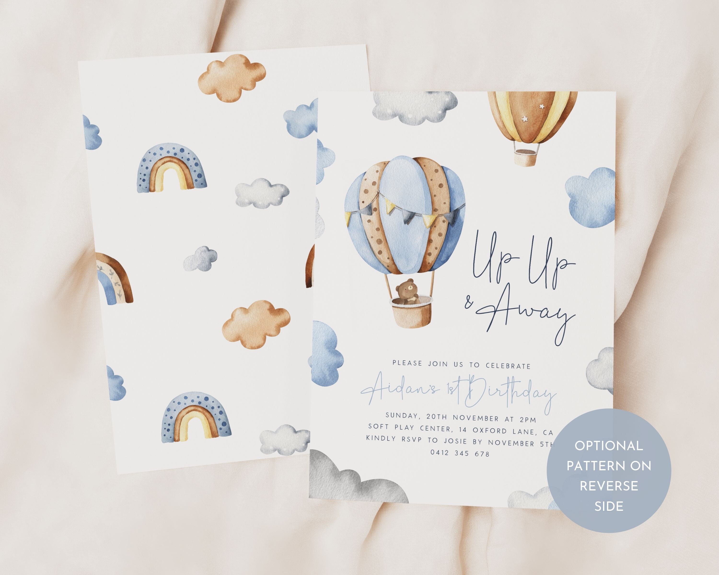 Up up and Away 1st Birthday Invitation Template, Hot Air Balloon First ...
