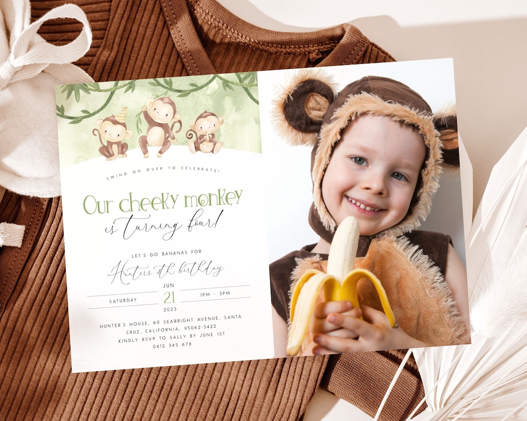 Monkey Birthday Invitation With Photo, Editable Monkey Invite Party Animals Jungle Safari ...