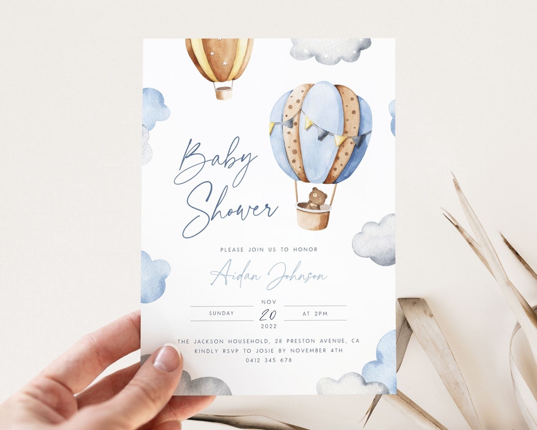 Hot Air Balloon Baby Shower Invitation Template, Bear Watercolor Blue ...