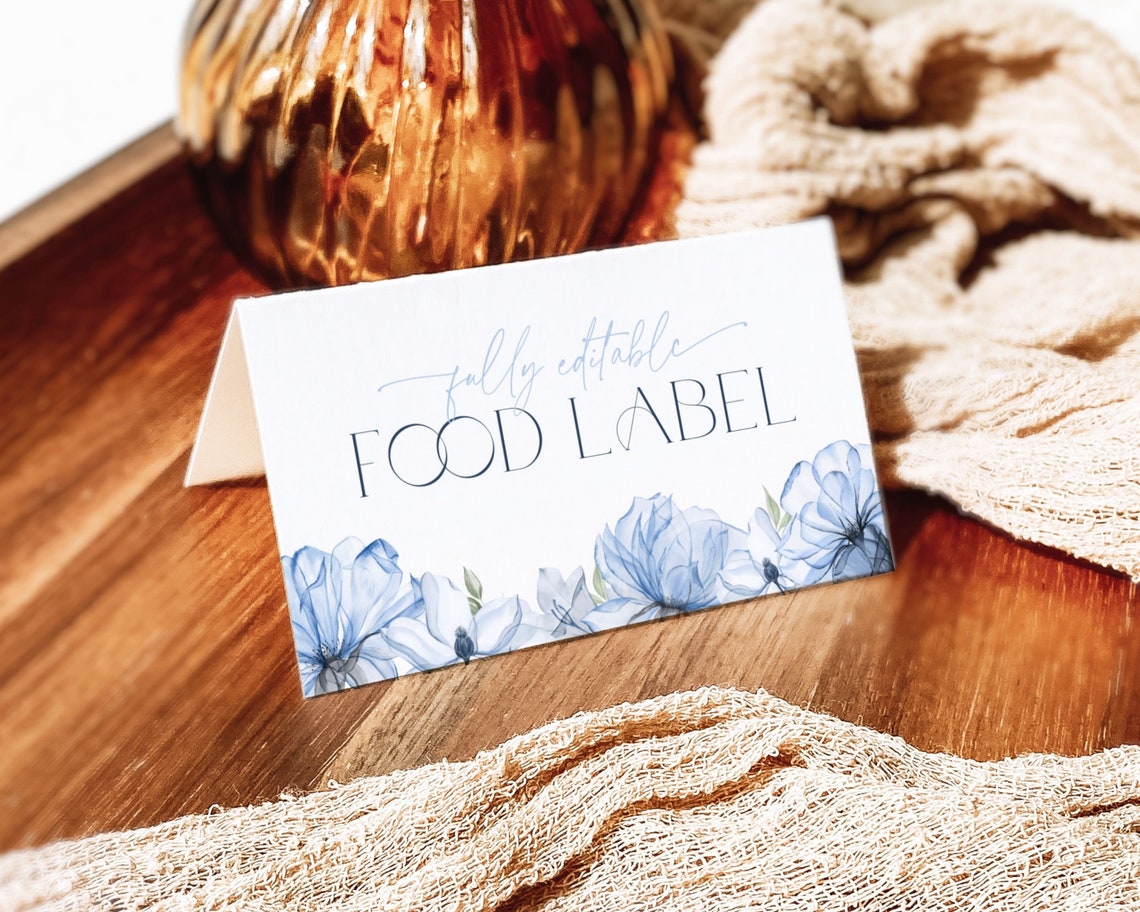 Dusty Blue Baby Shower Food Label Template Blue Floral Baby Shower ...