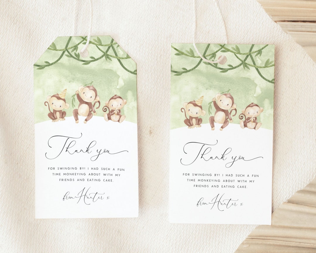 Monkey Thank You Tag Template. Monkey Birthday Favor Tag Jungle ...