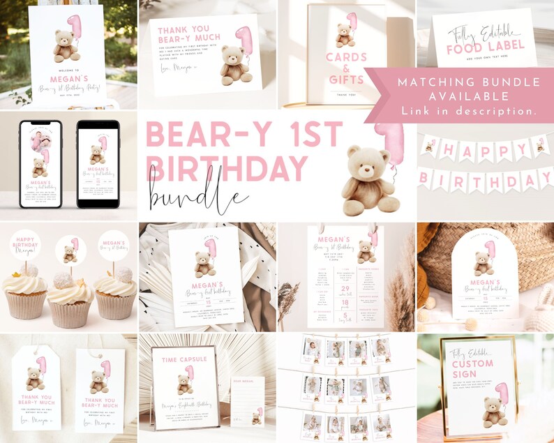 Bear 1st Birthday Invitation Template Editable Beary First - Etsy