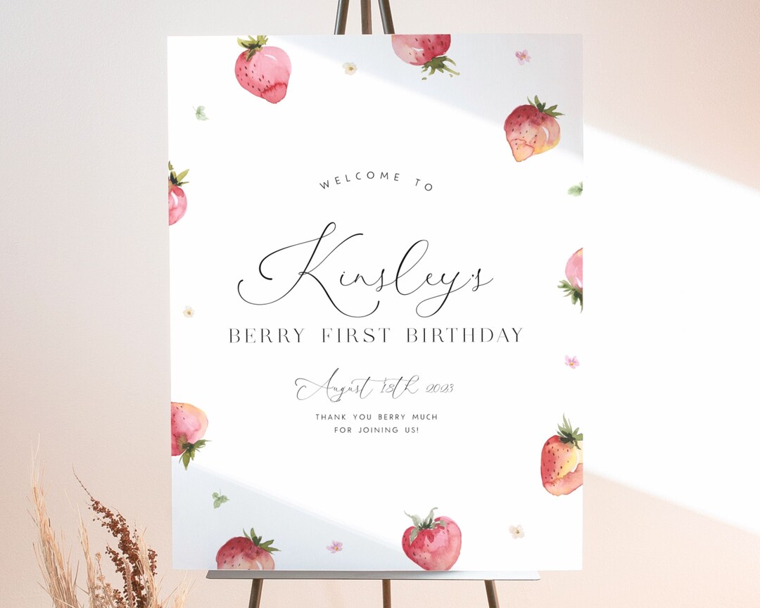 Berry First Birthday Welcome Sign Template. Editable Strawberry Welcome ...