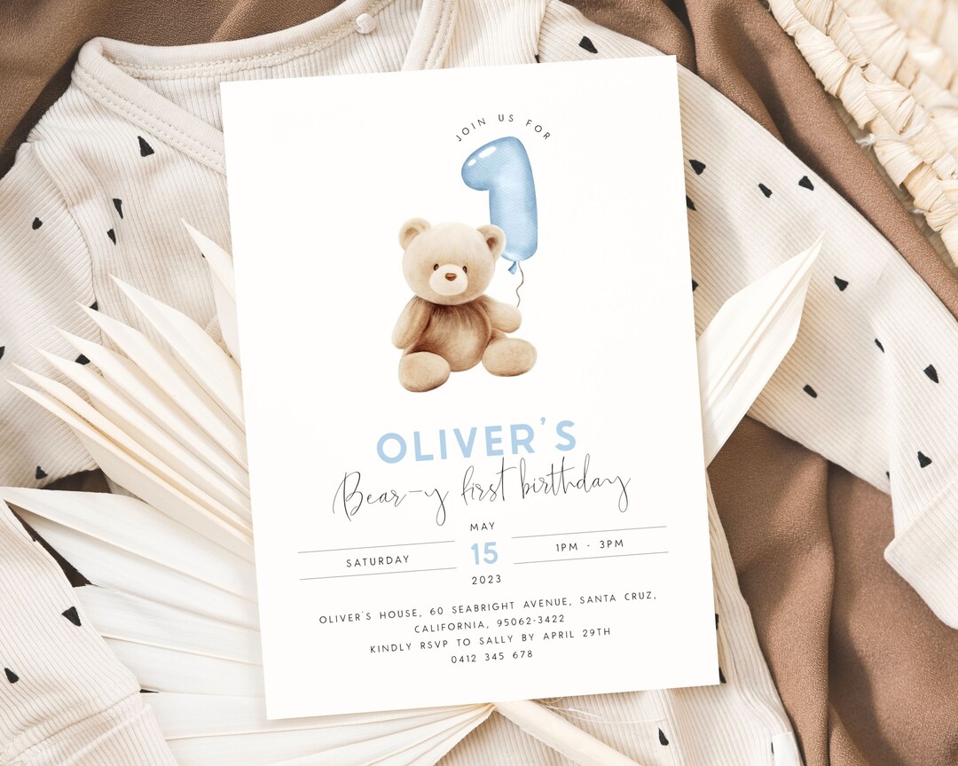 Bear 1st Birthday Invitation Template. Editable Beary First Birthday ...