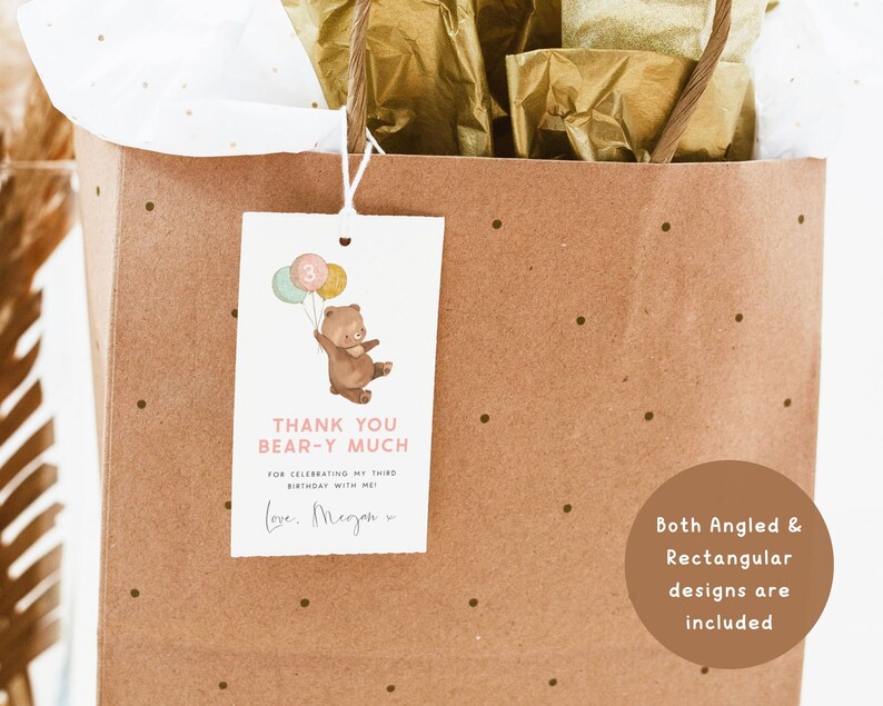 Bear Birthday Thank You Tag Editable Beary 3rd Birthday Thank You Tag ...