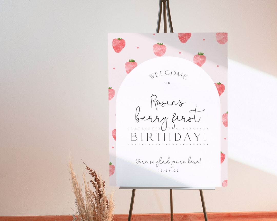 Berry First Birthday Welcome Sign Template. Editable Strawberry Welcome ...