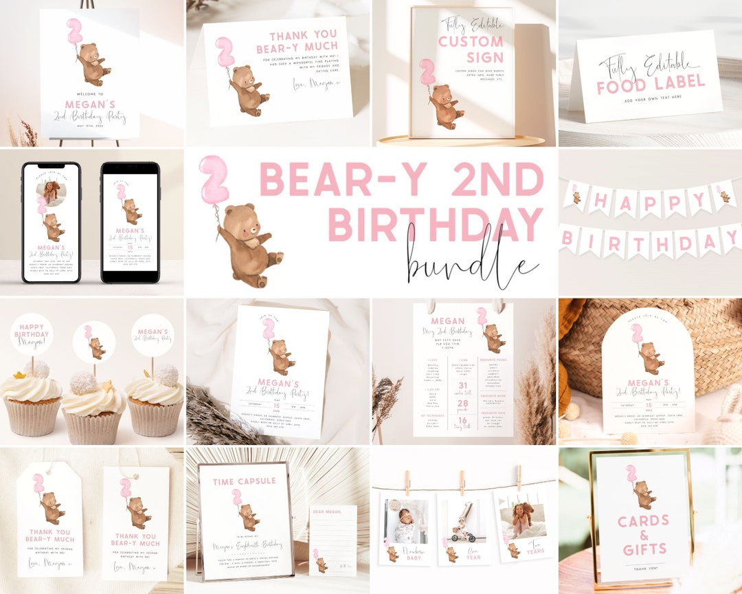 Bear 2nd Birthday Bundle. Beary Second Birthday Party Bundle Pink Teddy ...