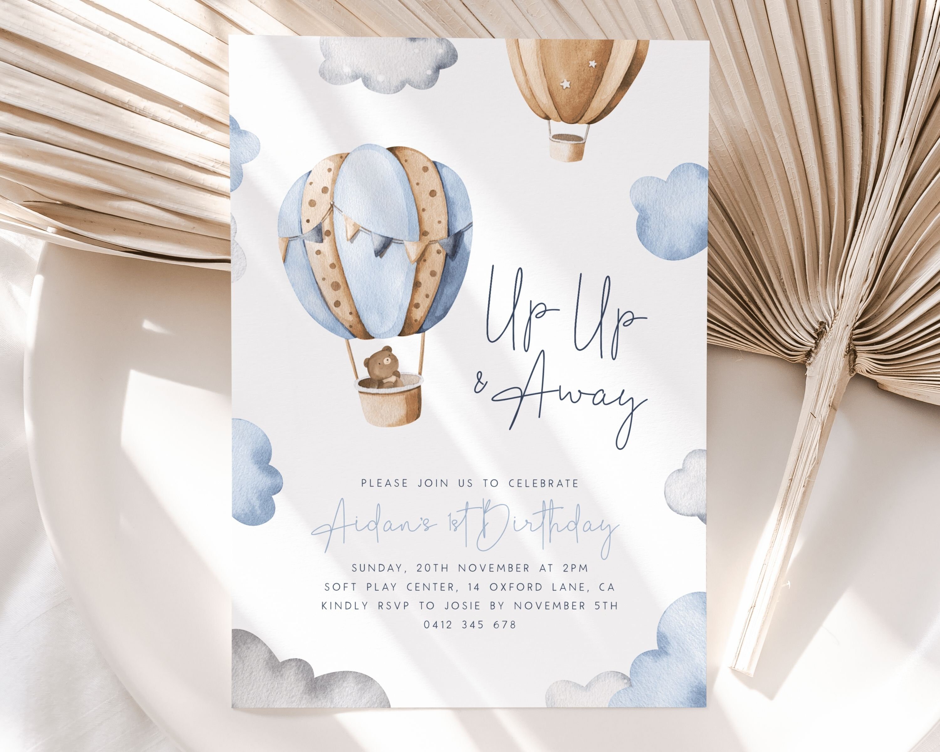Up up and Away 1st Birthday Invitation Template, Hot Air Balloon First ...