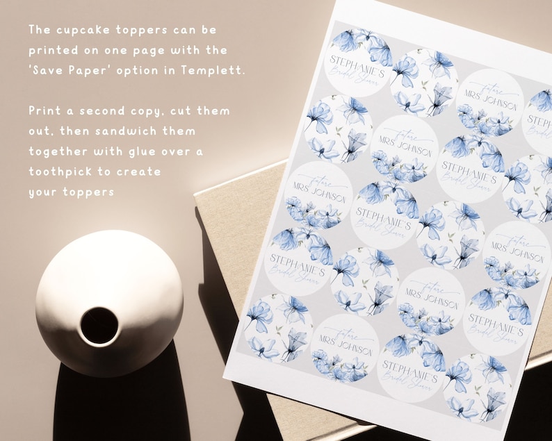 Dusty Blue Bridal Shower Cupcake Toppers. Blue Floral Bridal Shower ...