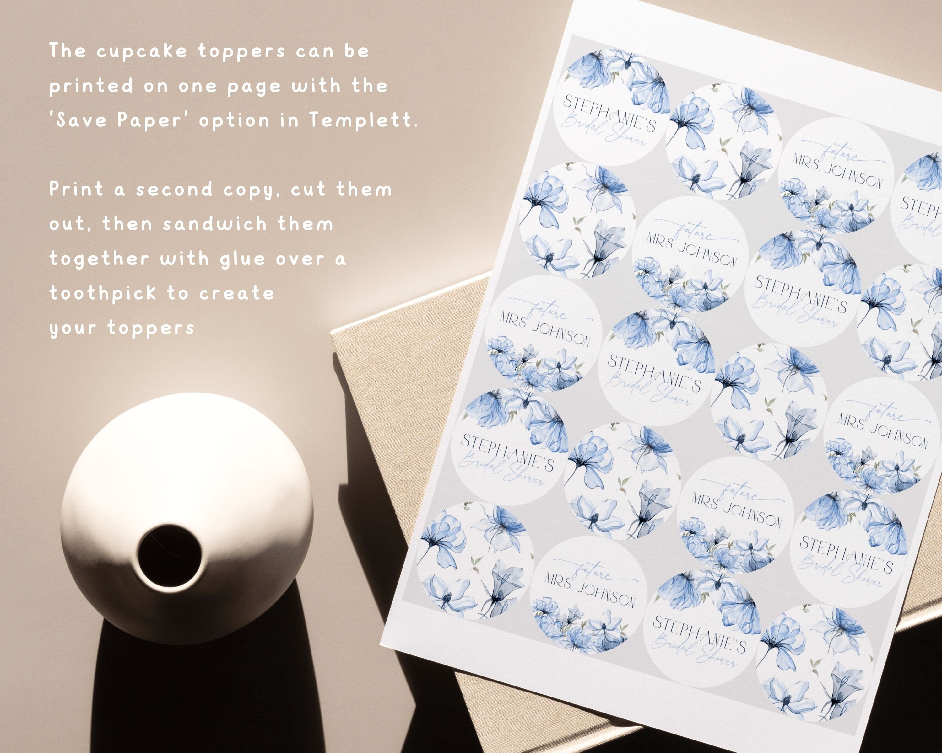 Dusty Blue Bridal Shower Cupcake Toppers. Blue Floral Bridal Shower ...