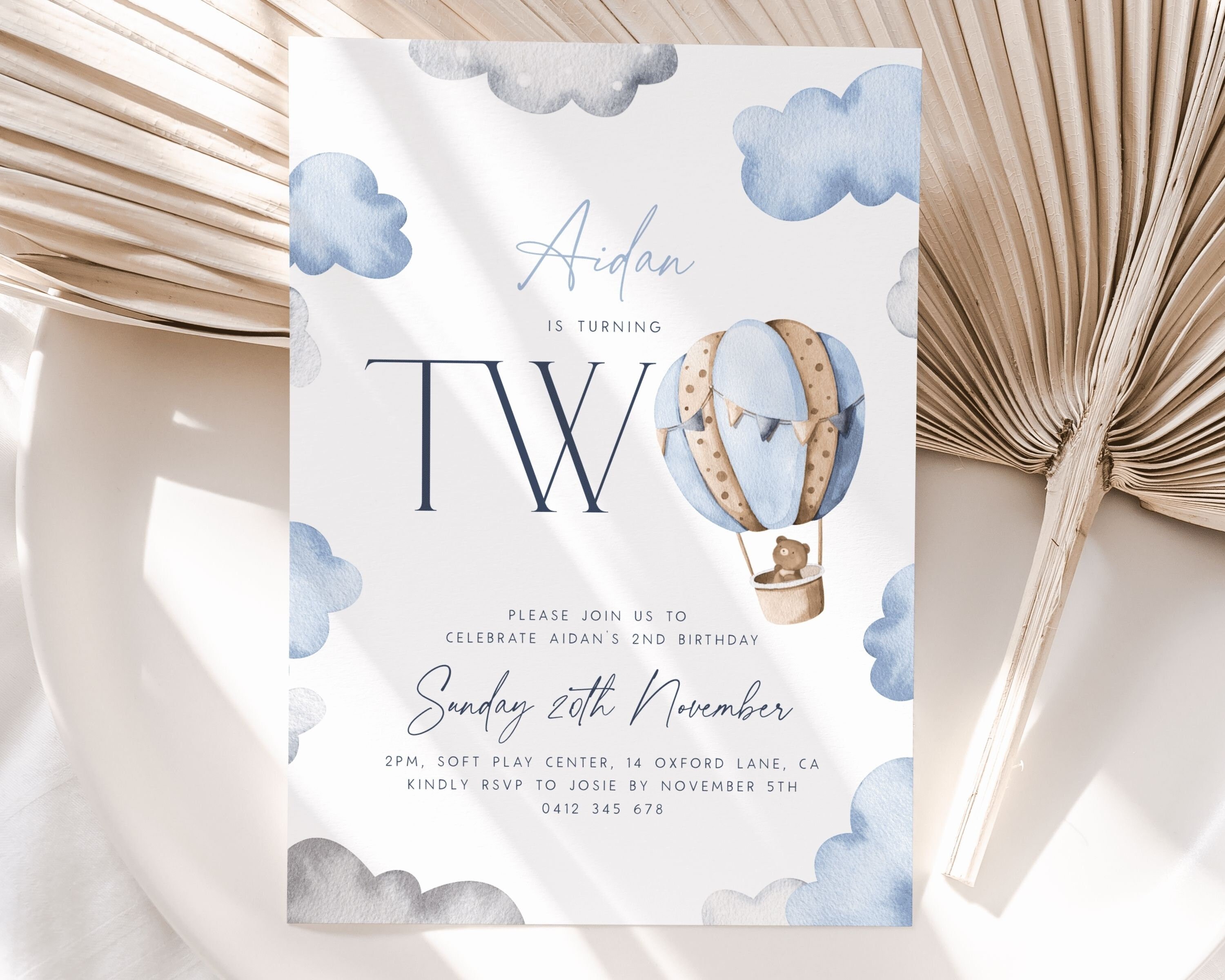 2nd Birthday Invitation Template for Boys Hot Air Balloon | Etsy