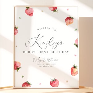 Berry First Birthday Welcome Sign Template. Editable Strawberry Welcome ...