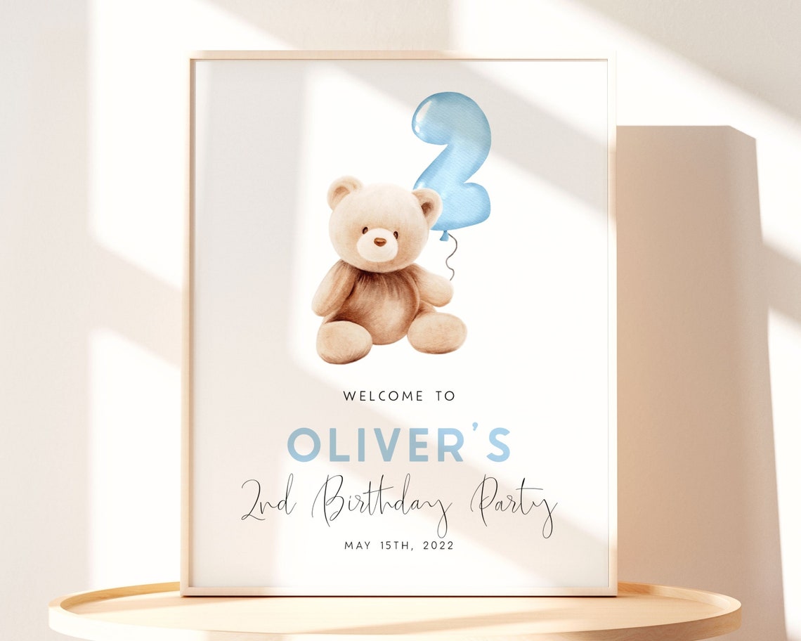 Bear 2nd Birthday Welcome Sign Editable Template Beary Second Birthday ...