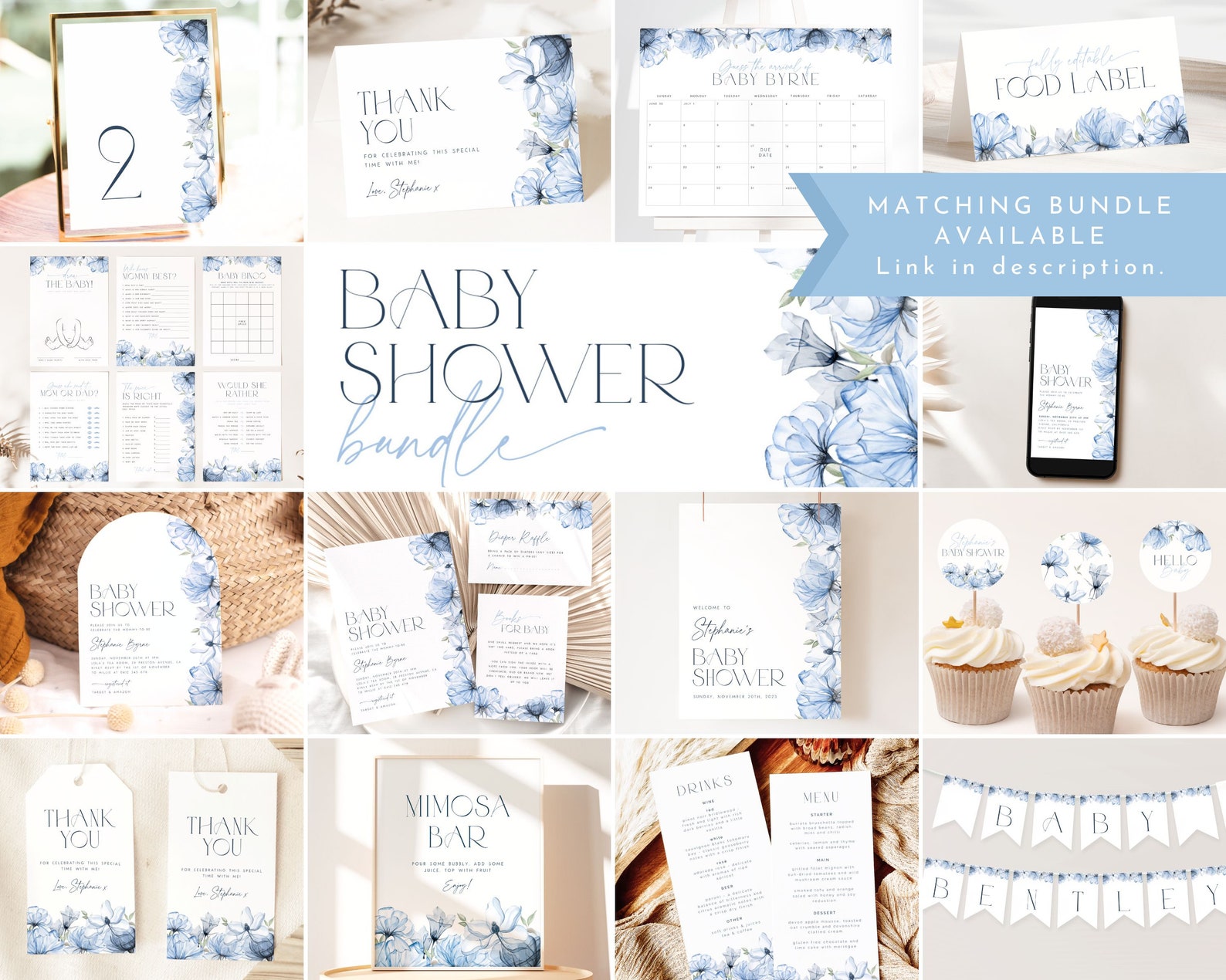 Dusty Blue Baby Shower Games Bundle. Blue Floral Printable Baby Shower ...