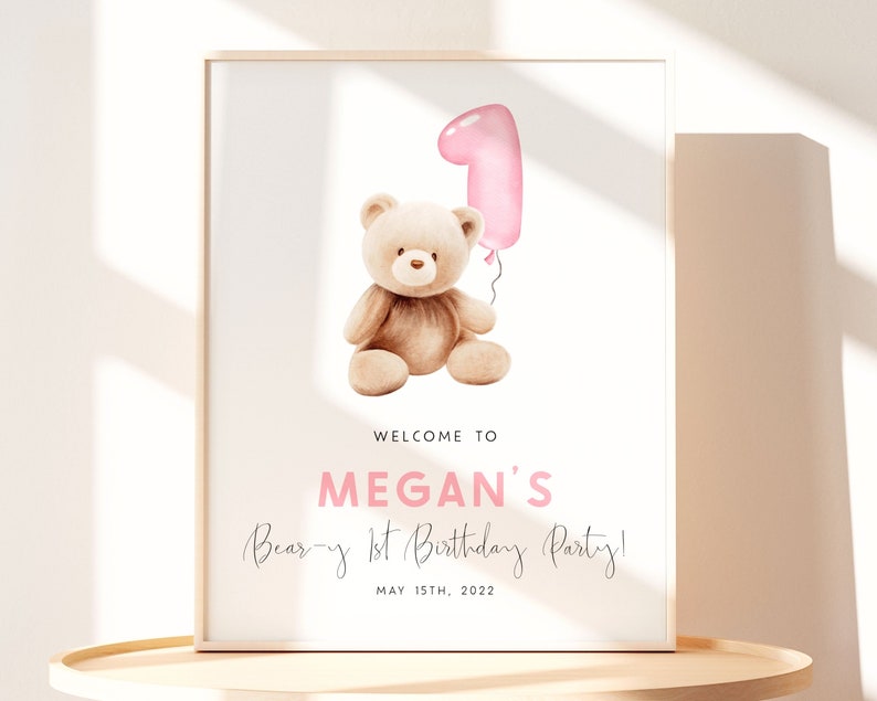 Bear 1st Birthday Welcome Sign Editable Template Beary First - Etsy