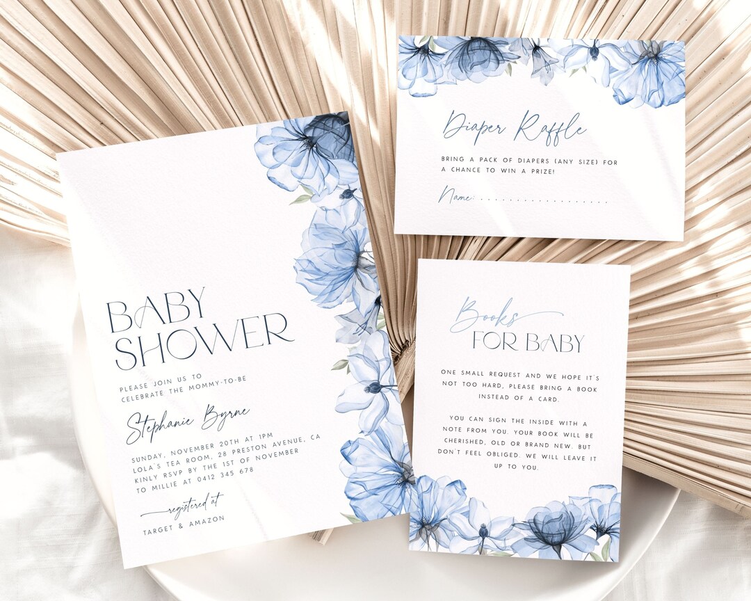 Dusty Blue Baby Shower Invitation Suite. Blue Floral Baby Shower Invite ...
