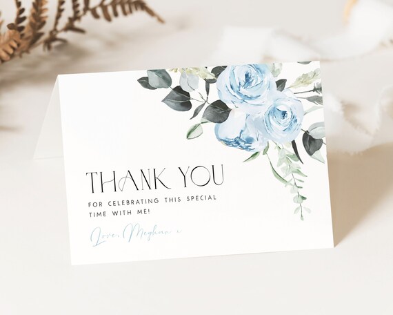 Blue Baby Shower Thank You Card Template. Boho Blue Floral - Etsy