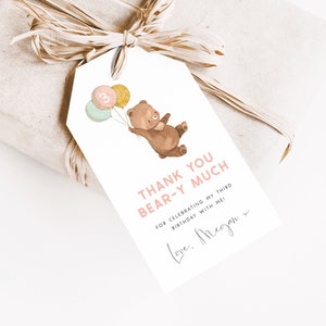 Bear Birthday Thank You Tag Editable Beary 3rd Birthday Thank You Tag ...