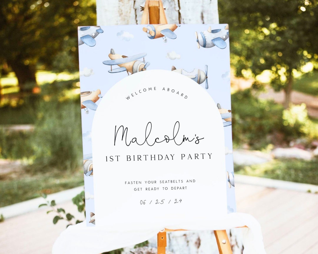 Airplane Birthday Welcome Sign Template Blue Airplane Welcome Sign 1st ...