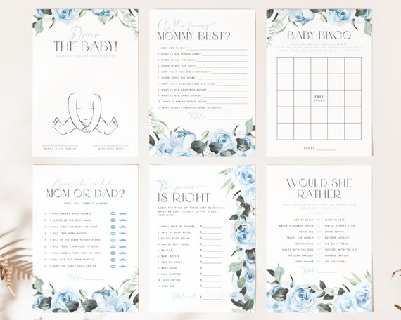 Blue Baby Shower Games Bundle. Boho Blue Floral Printable Baby - Etsy