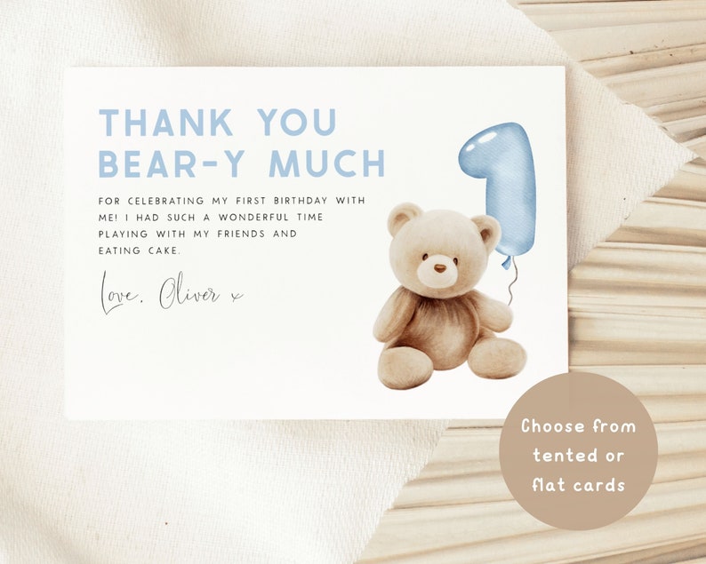 Bear 1st Birthday Thank You Card. Editable Beary First - Etsy