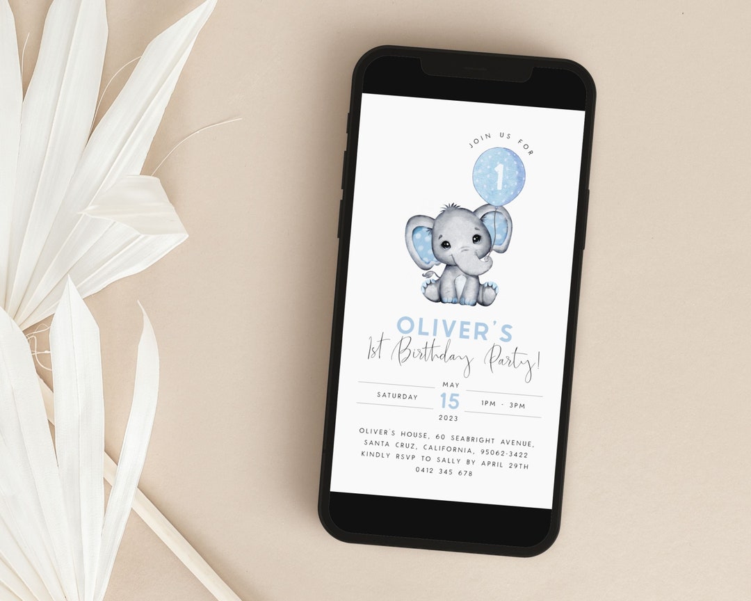 Elephant 1st Birthday Evite Template. Editable First Birthday Boy Text ...