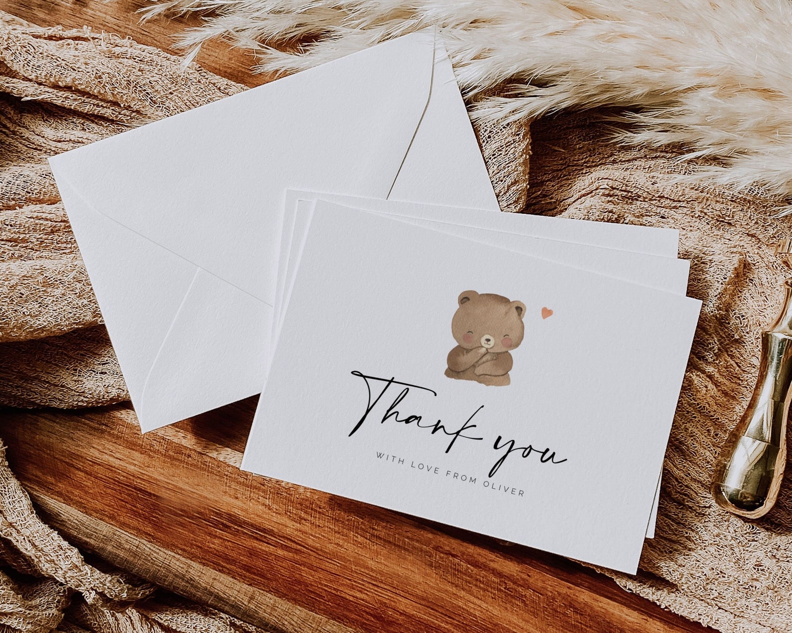 Watercolour Bear Thank You Card Template, First Birthday Thank You Card ...