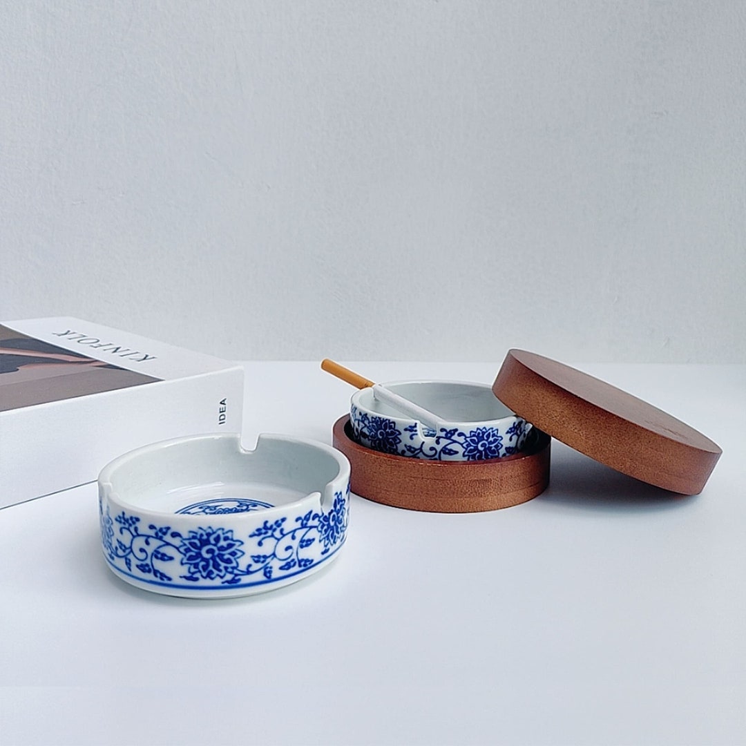 Blue and White Porcelain Ceramic Ashtray Retro Bamboo Wood With Cover ...