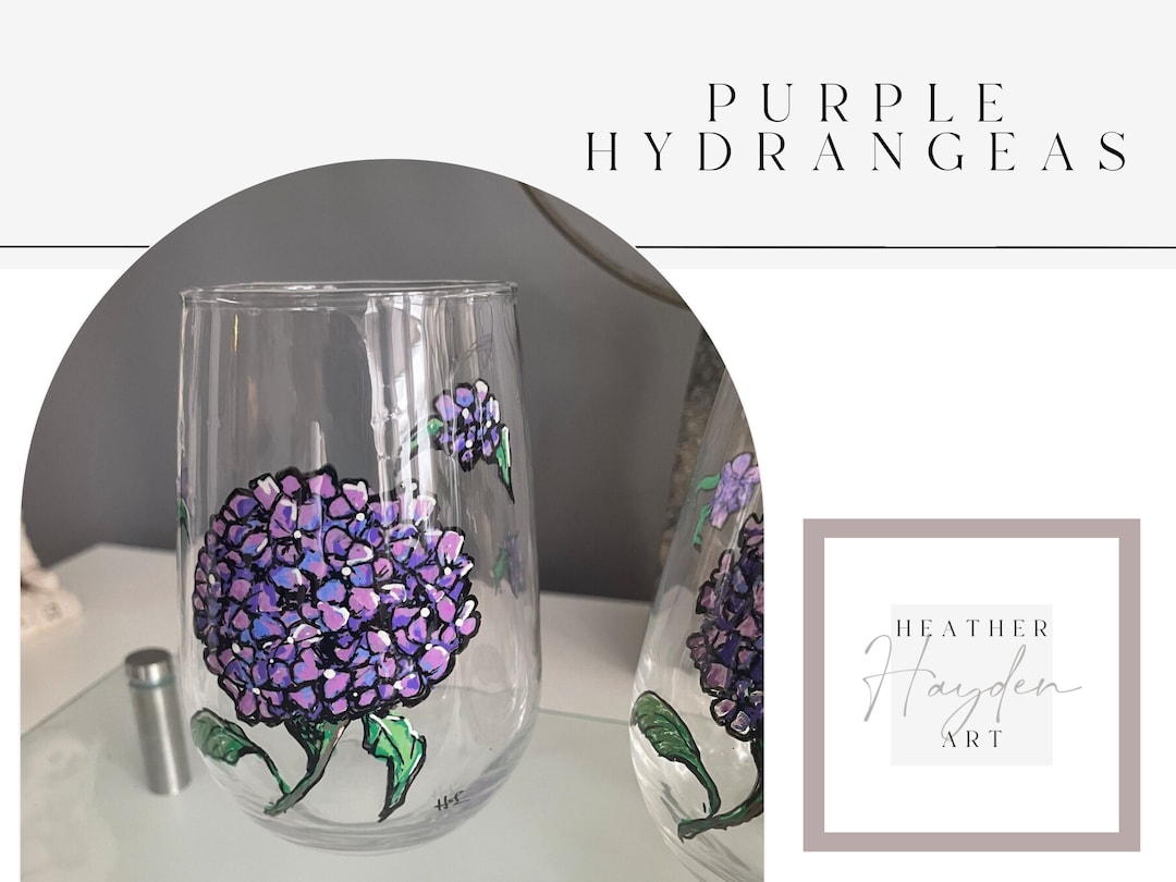 Set of Two Hand-painted Hydrangea Stemless Wine Glasses - Etsy
