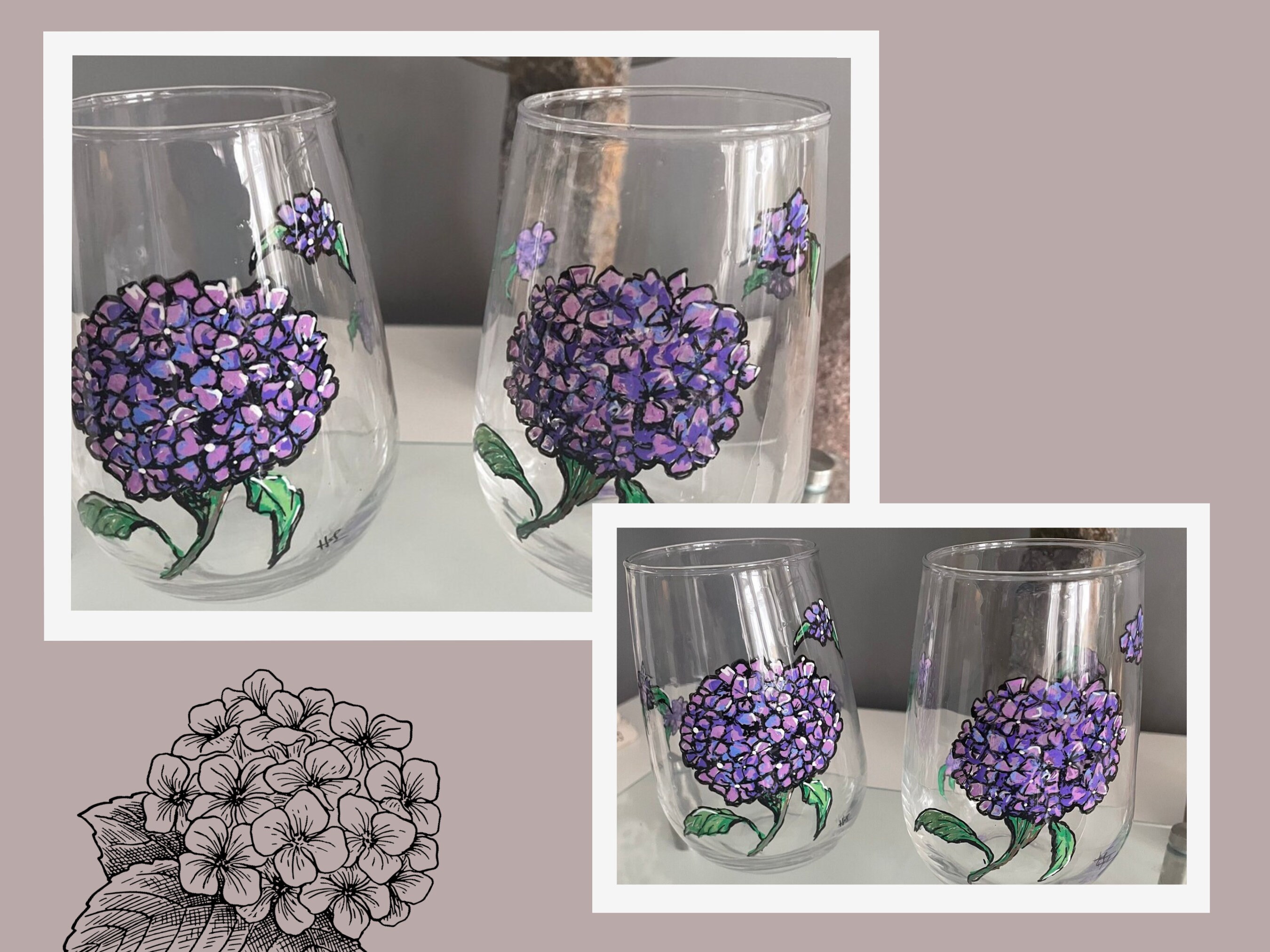 Set of Two Hand-painted Hydrangea Stemless Wine Glasses - Etsy